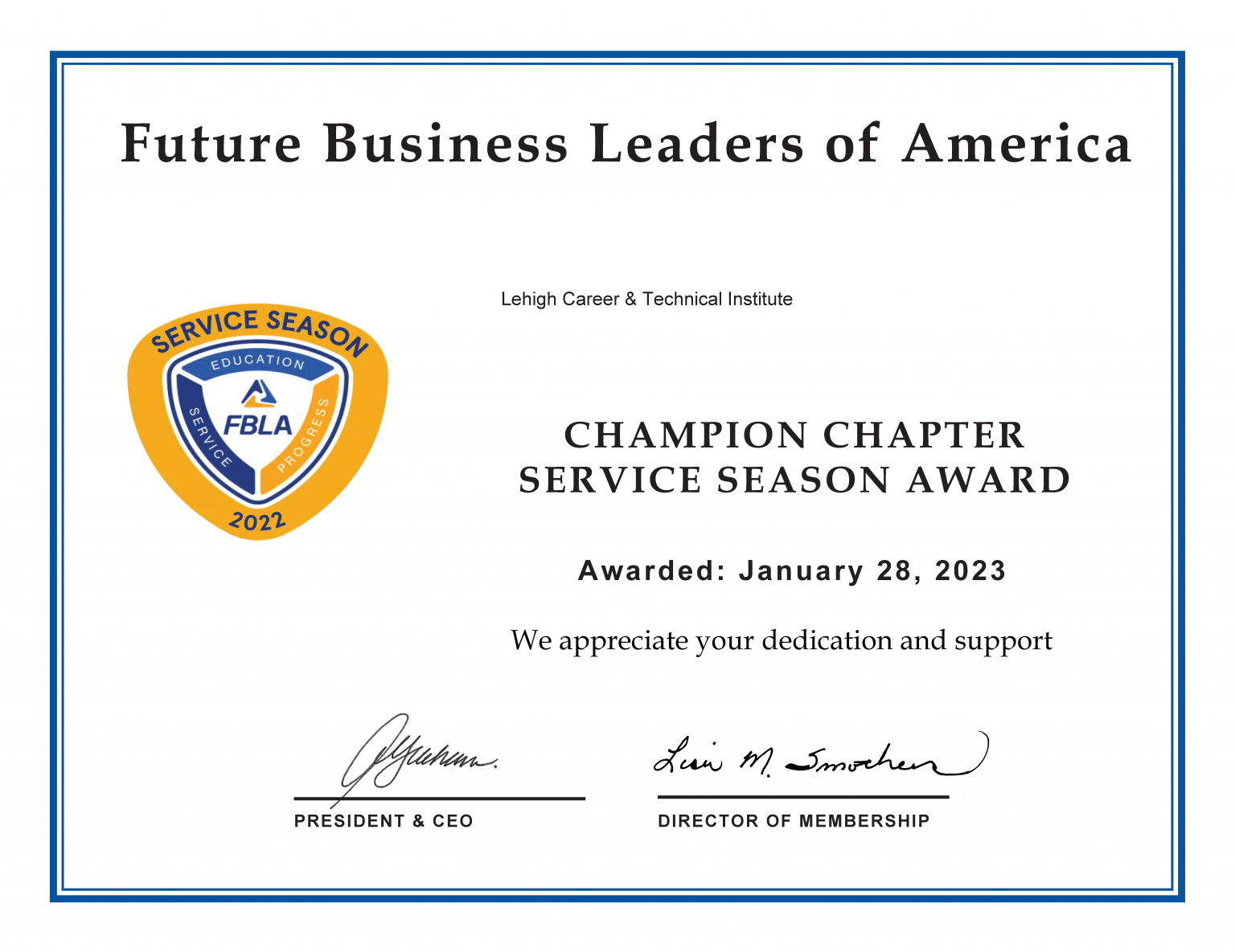 2022-2023 Champion Chapter: Service Season – LCTI FBLA