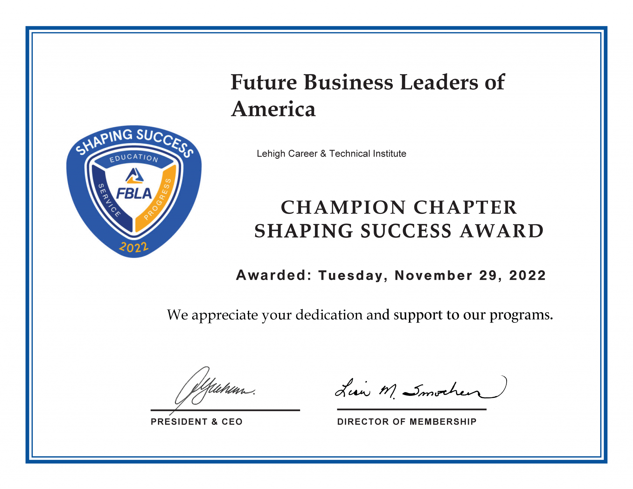 2022-2023 Champion Chapter: Shaping Success – LCTI FBLA